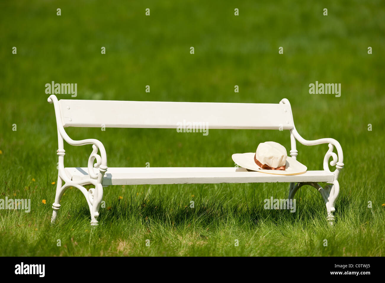 Spring and summer - White romantic bench in meadow on sunny day Stock ...