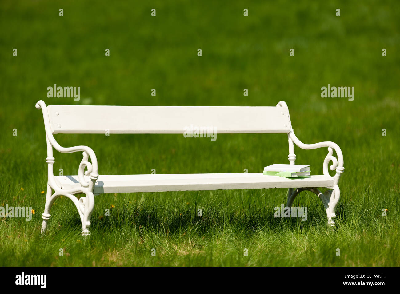 Spring and summer - White romantic bench in meadow on sunny day Stock ...