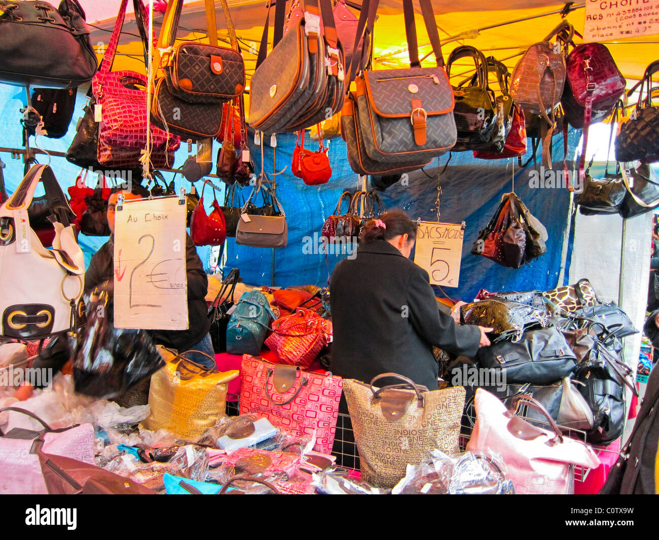 Paris, France, Women's Handbags on display, Market Shopping, Montreuil ...