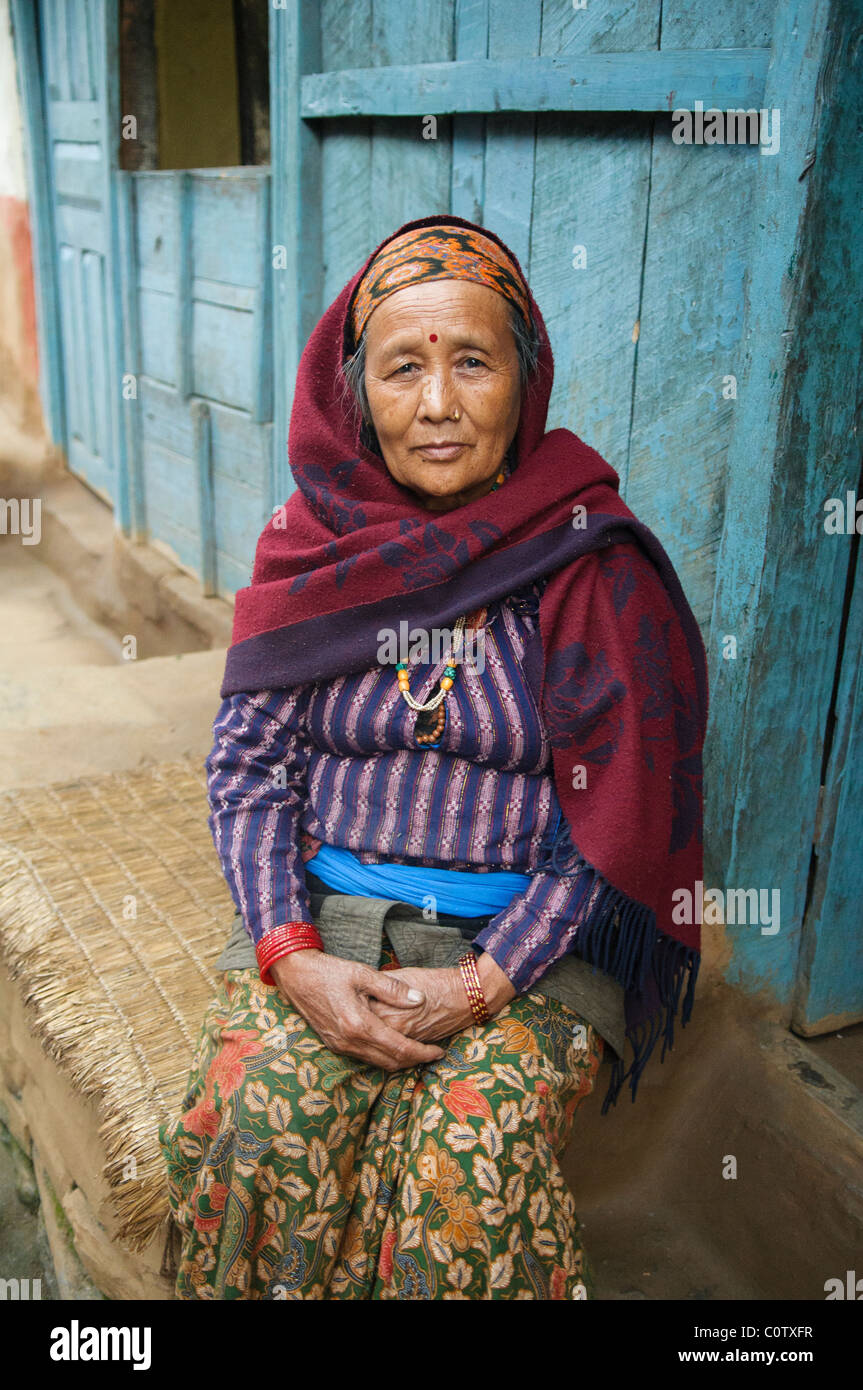 old woman in the village of Bulbule along the Marsyangi River in the ...
