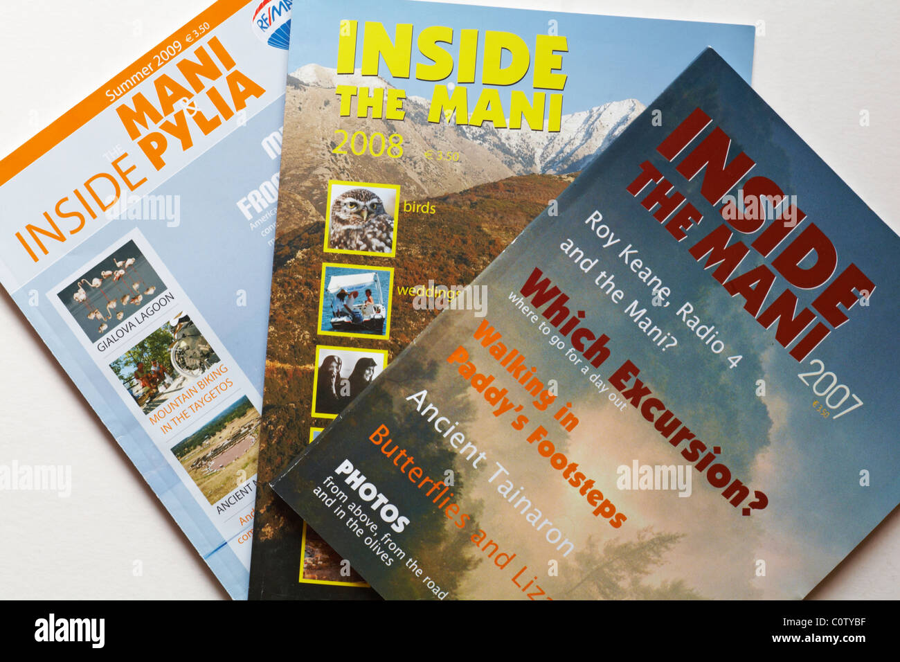 Selection of Inside the Mani Greek magazines on white background Stock ...