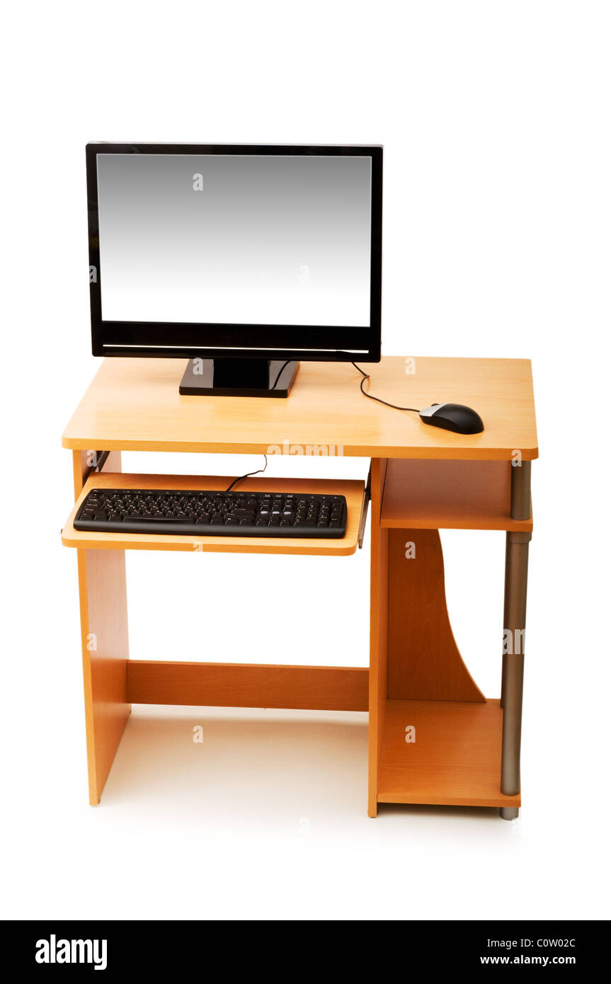 Computer and desk isolated on the white Stock Photo - Alamy