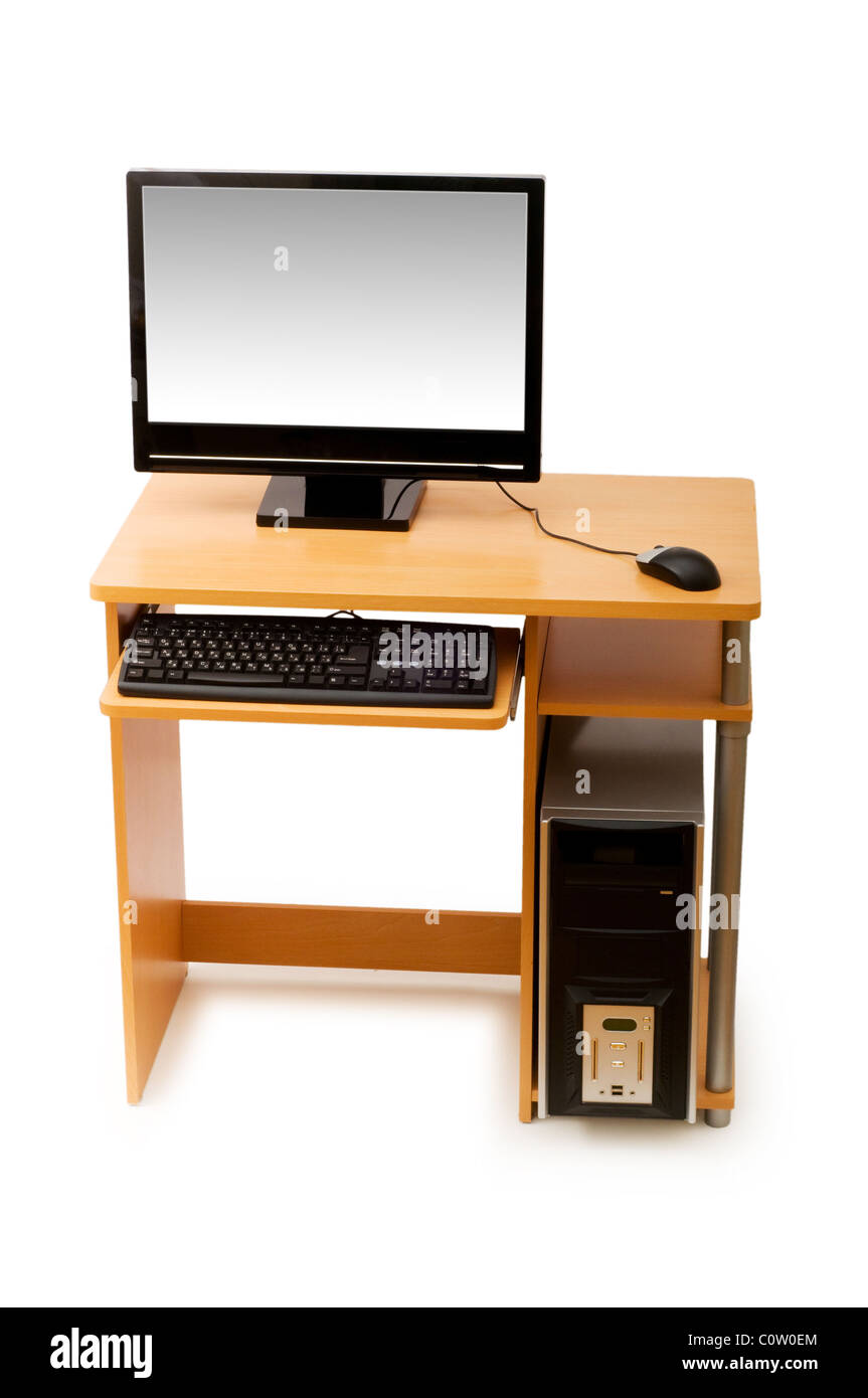 Computer and desk isolated on the white Stock Photo - Alamy