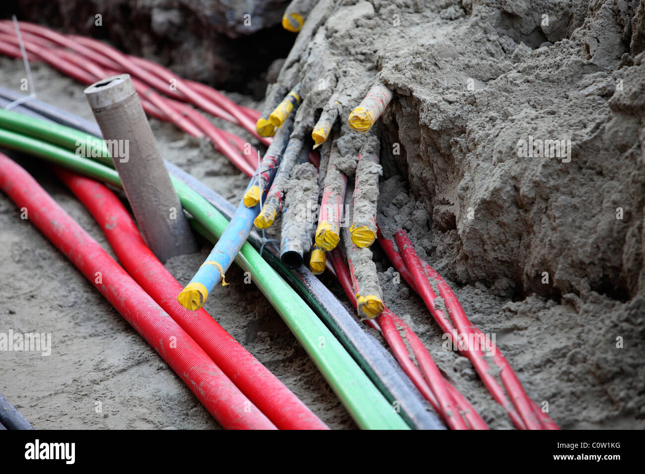Different cables in a construction, cable trench. Cable for ...