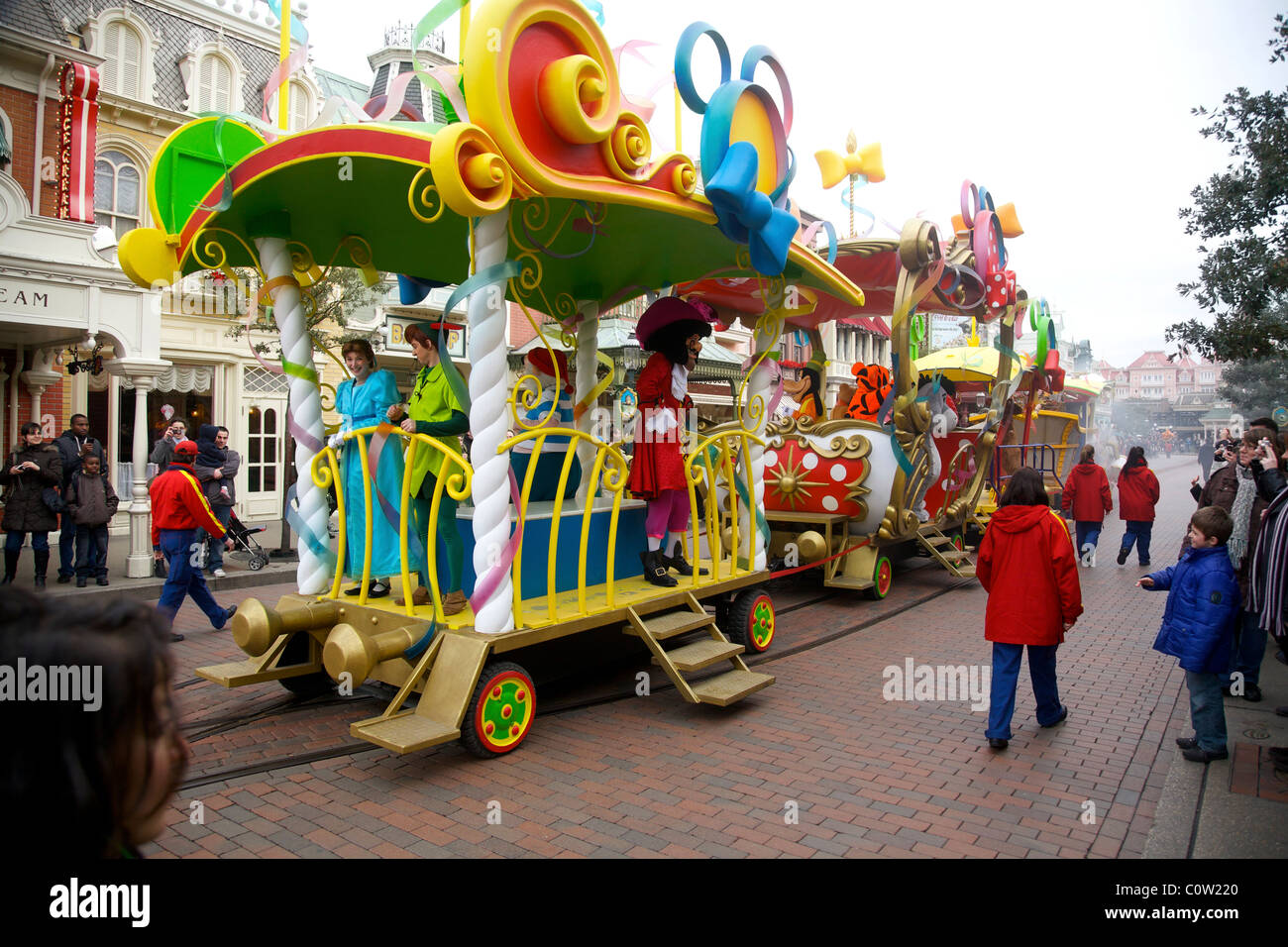 Disney character parade down Main Street at Disneyland Paris in France ...