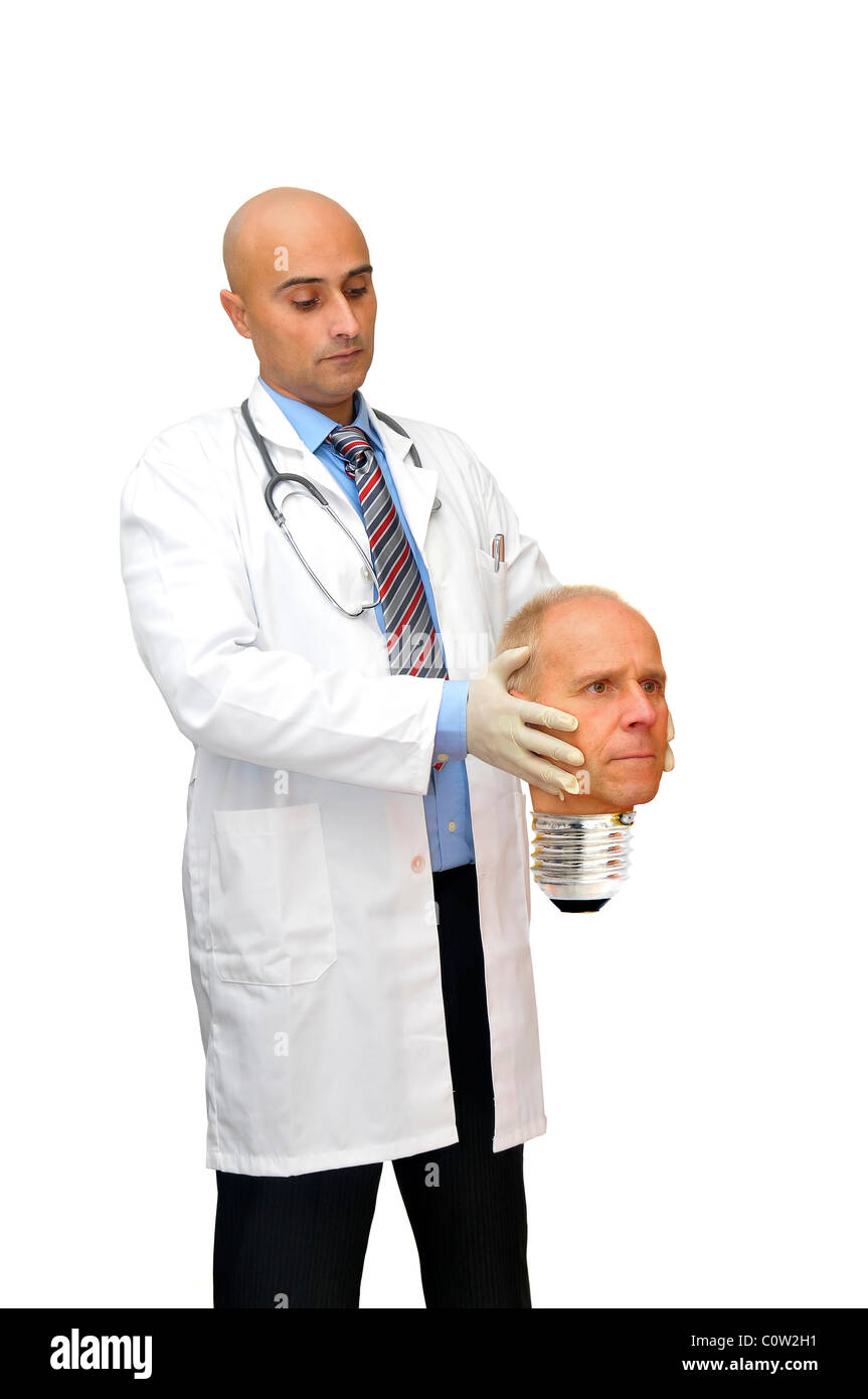 Doctor holding a human head isolated in white Stock Photo - Alamy