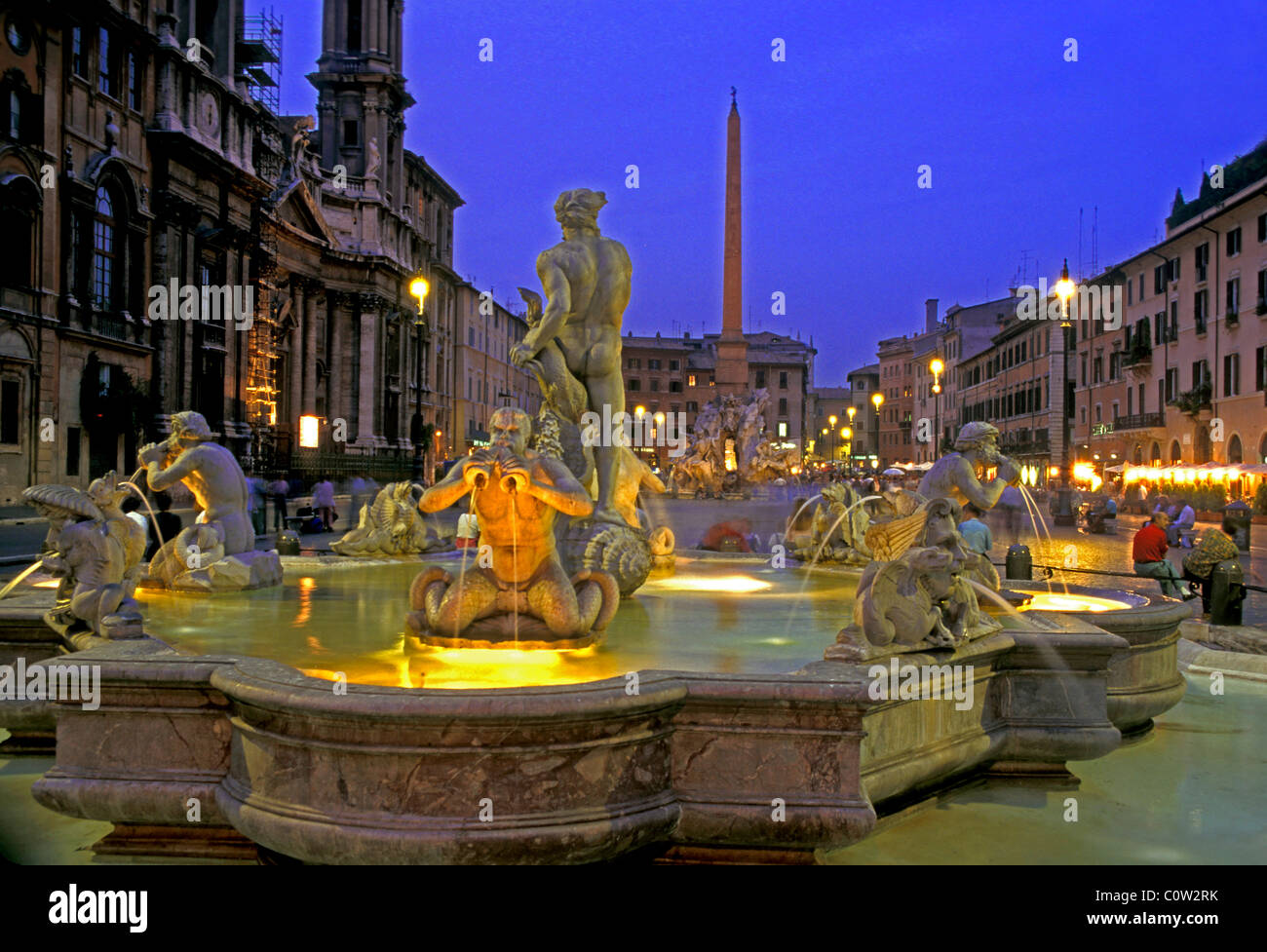 Bernini fountain Piazza Navona evening night Rome Italy Stock Photo - Alamy