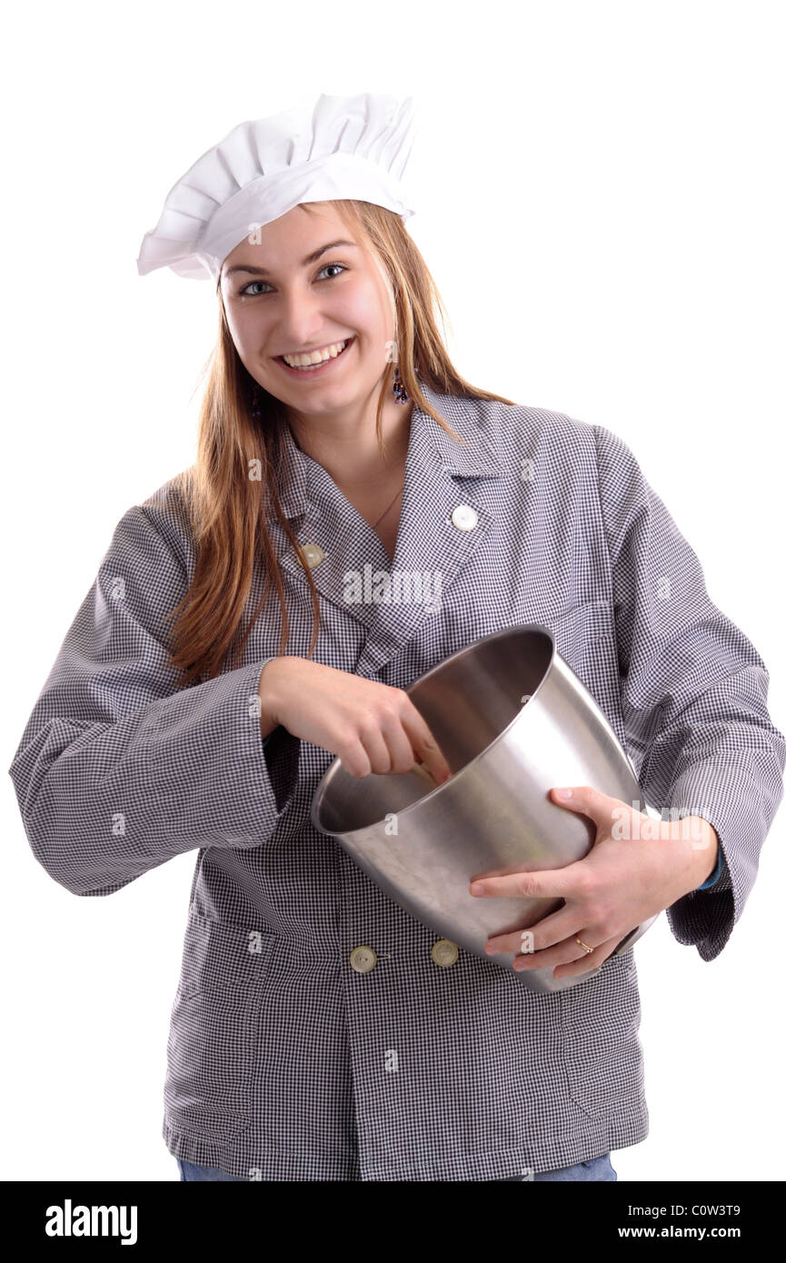young female cook with big smile and cooks hat mixing food. Isolated on ...