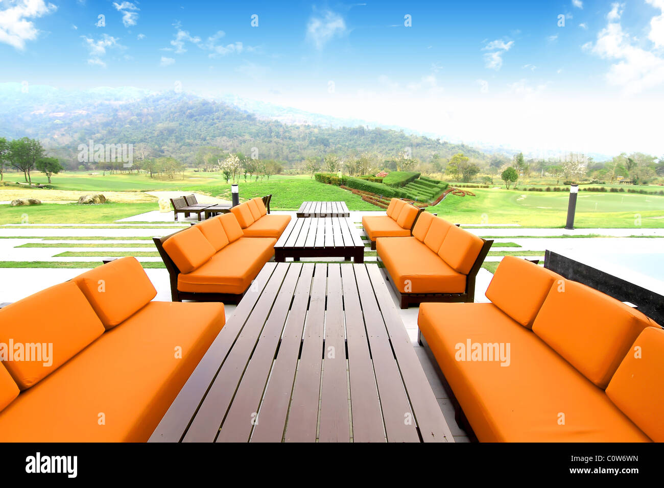 Beautiful outdoor space with a table and chairs Stock Photo - Alamy