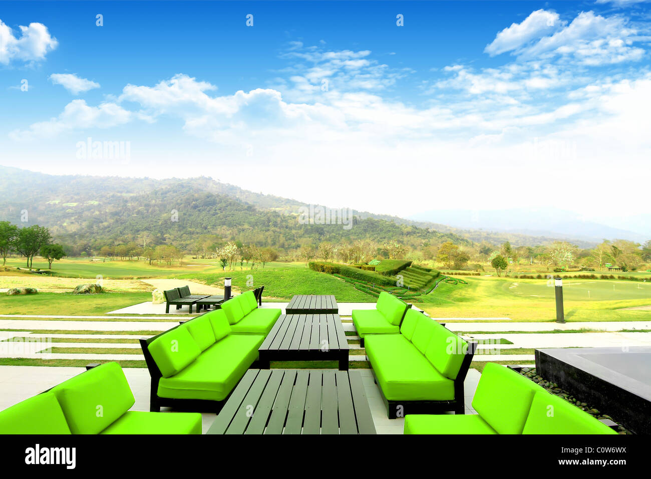Beautiful outdoor space with a table and chairs Stock Photo - Alamy