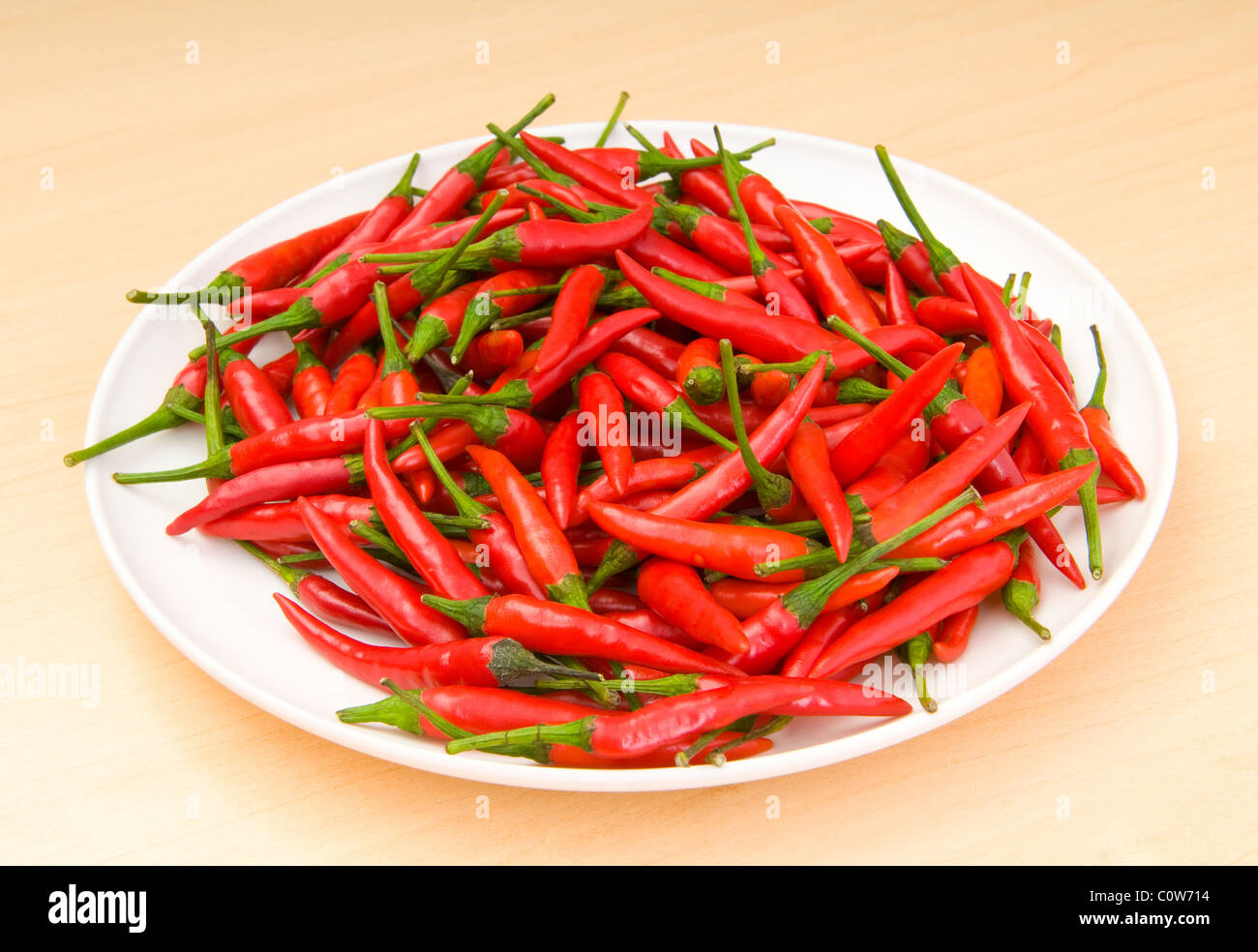 Hot peppers in the plate on wooden table Stock Photo - Alamy