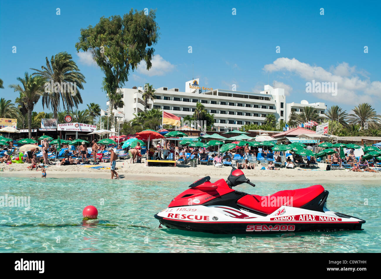 Jetski rescue in shallow water at the beach Nissi Beach, Ayia Napa ...