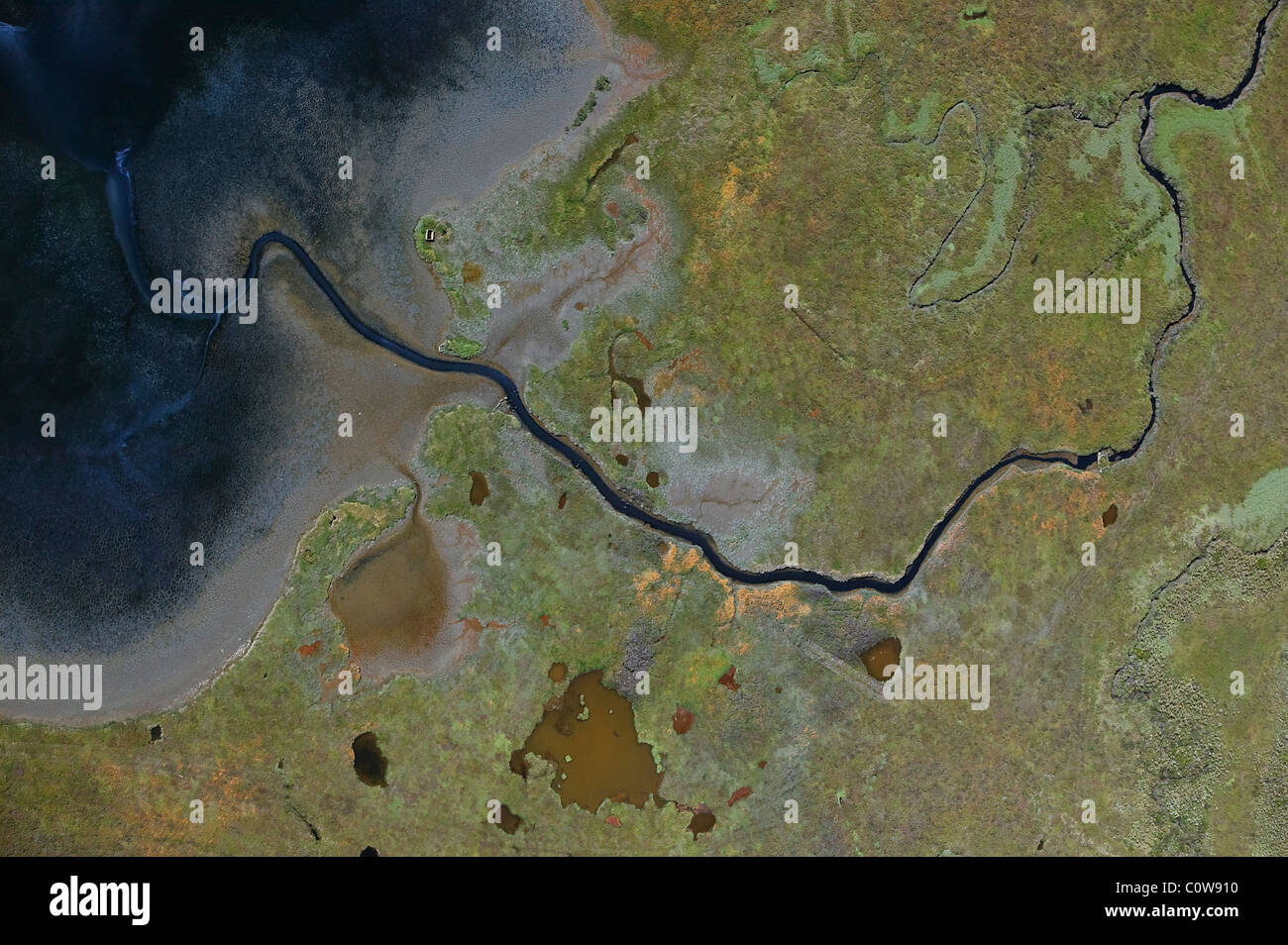 aerial view above meandering stream through wetlands northern ...