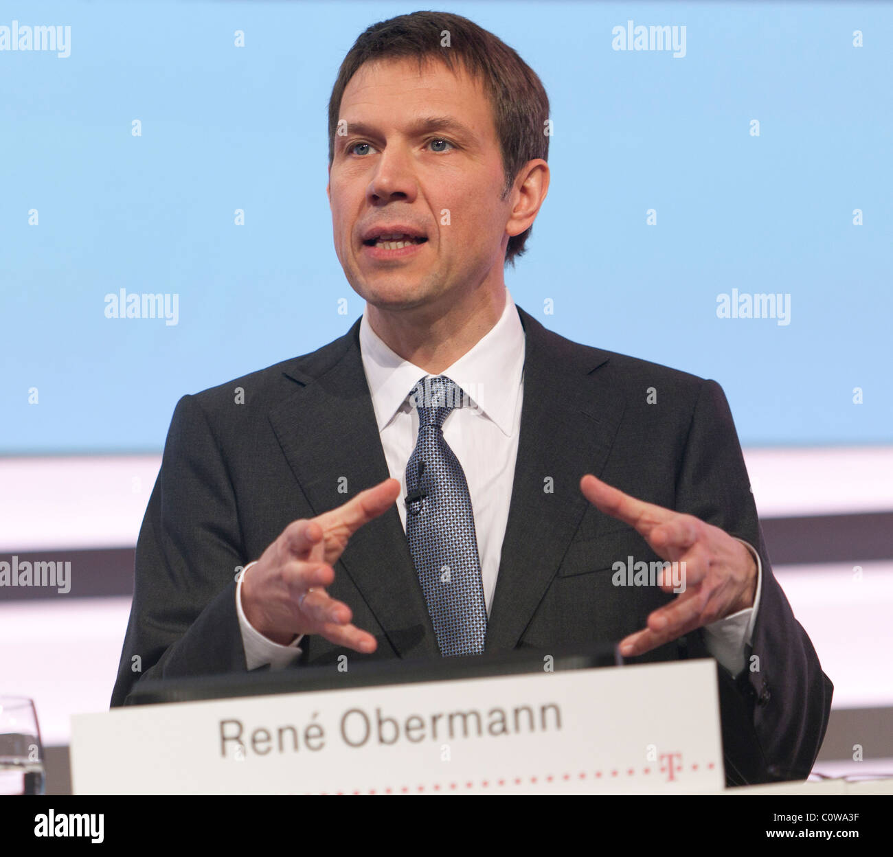 Rene Obermann, Deutsche Telekom Chief Executive Officer, CEO, gestures ...