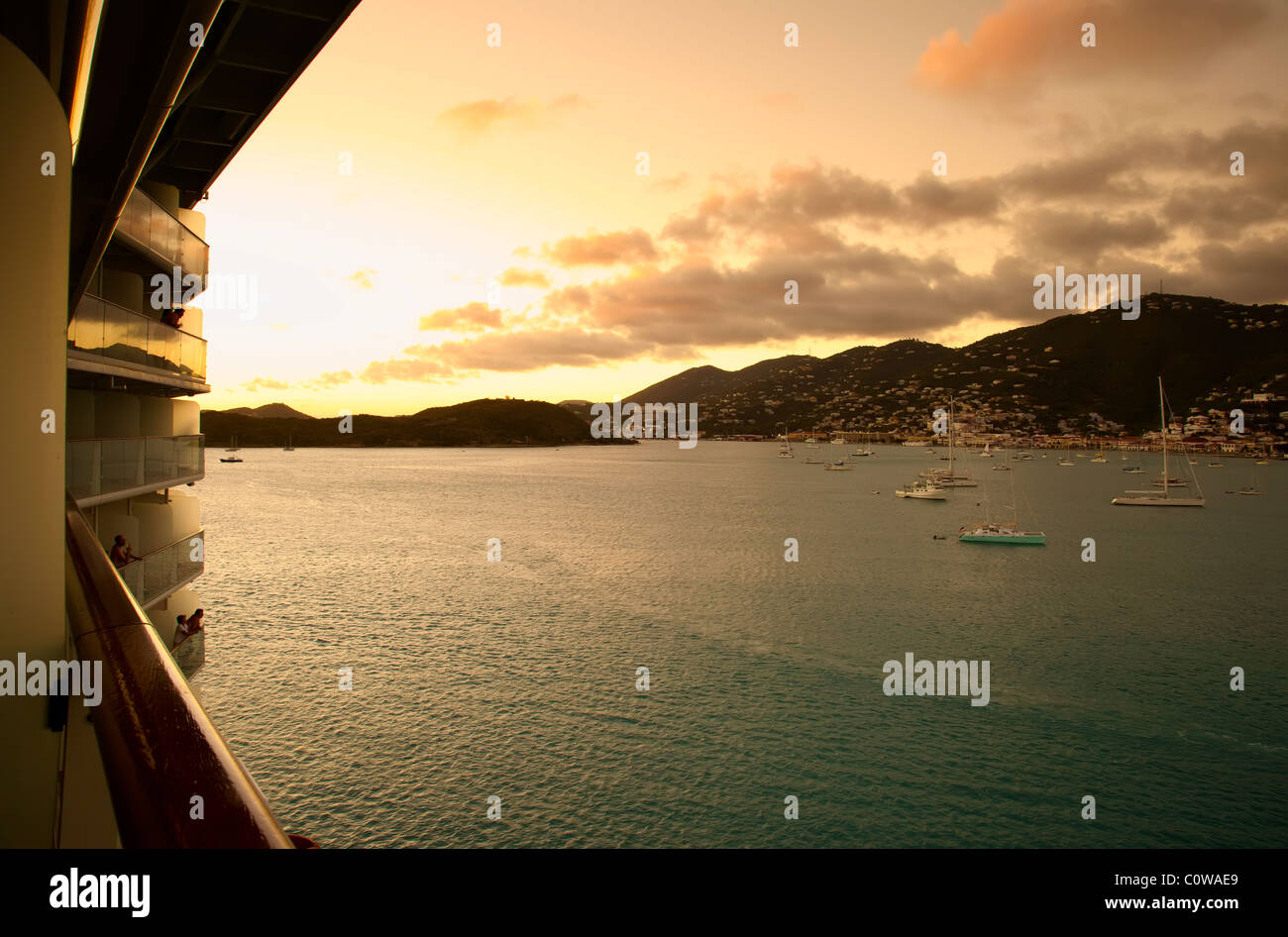 St. Thomas Harbor at Sunset, from the view of a Cruise Ship Stock Photo ...