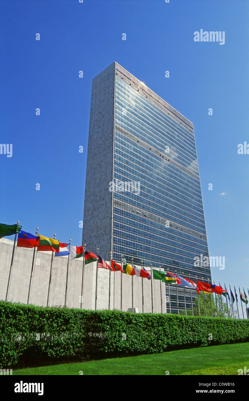 Daytime photo of the United Nations Building with flags of nations in ...