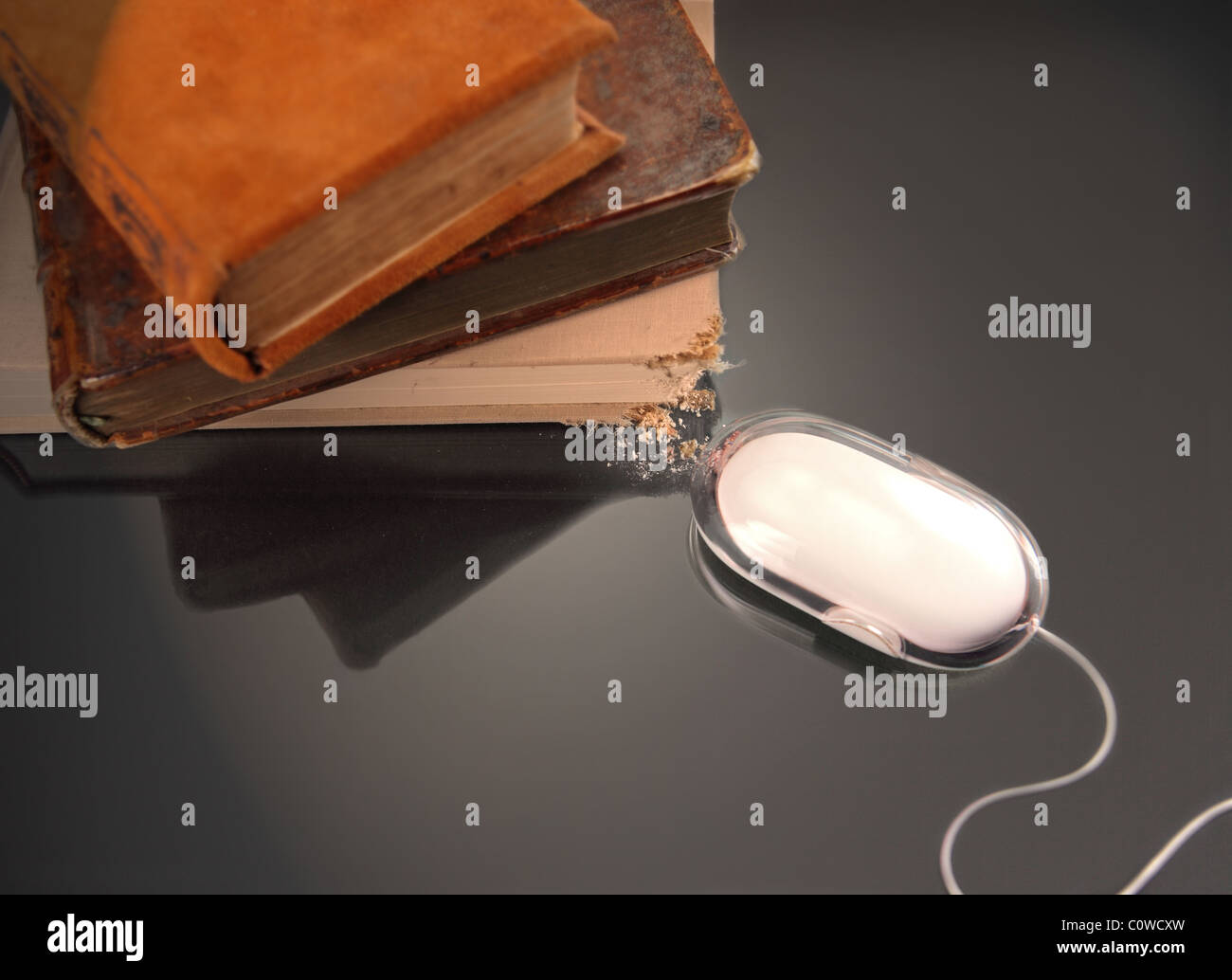 A white computer mouse who gnaws ancient books on a black reflective ...