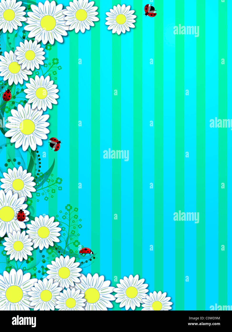 Spring Time Daisies Ladybugs Foliage Scrolls Vertical Background ...