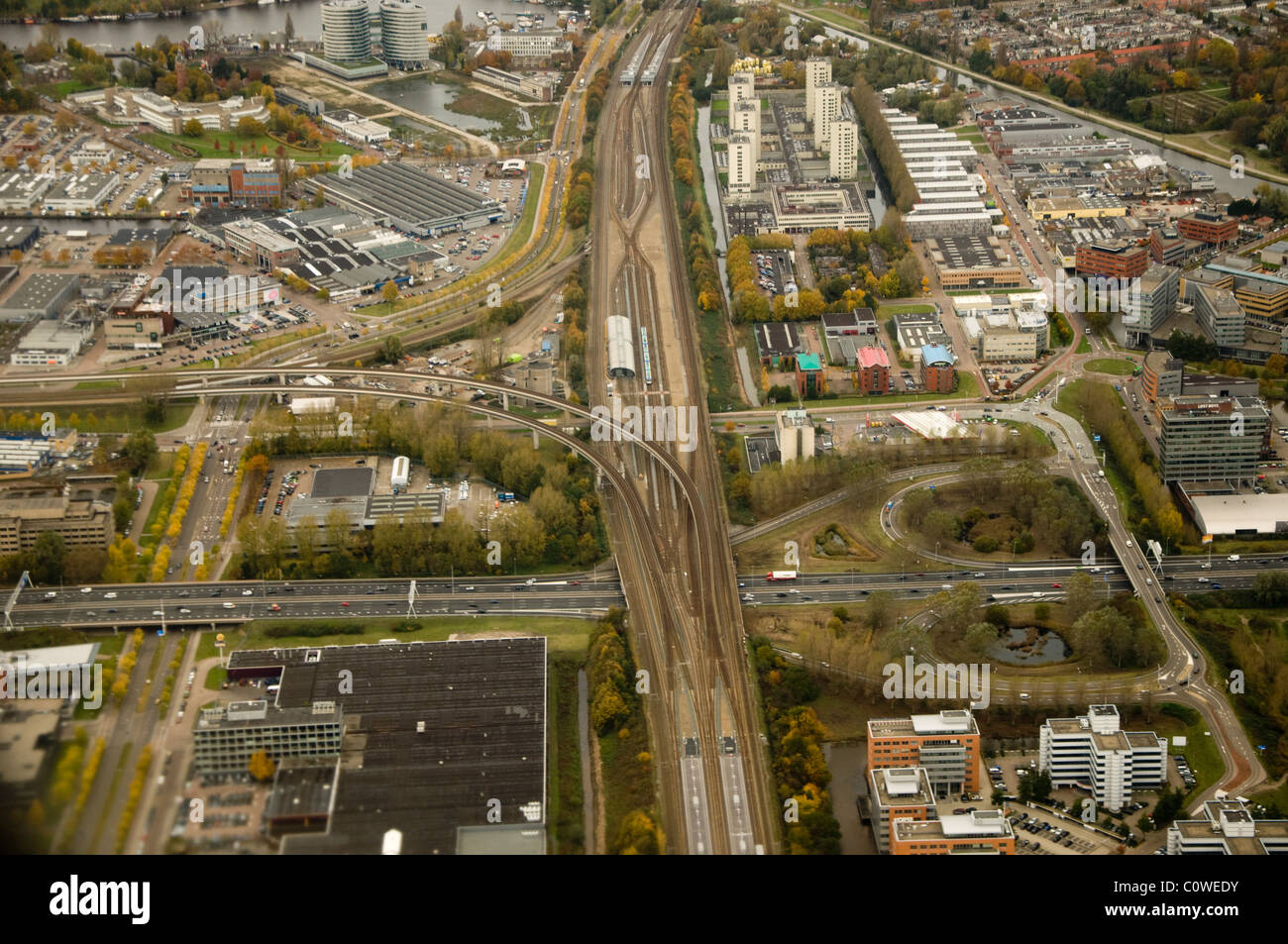 Aerial view from airplane from roads and highways of Amsterdam ...