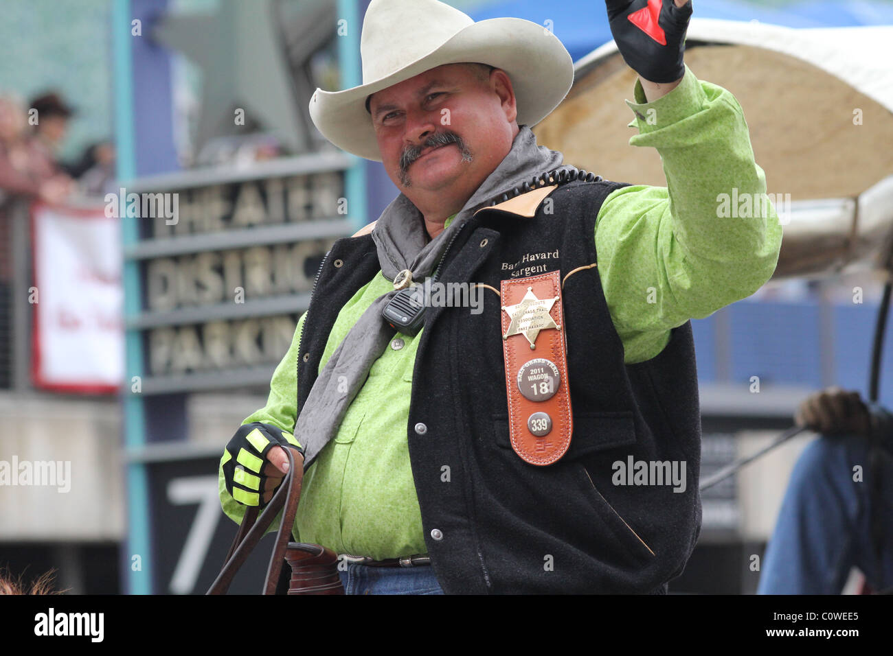 cowboy riding in down town Houston towards rodeo show. Houston rodeo ...