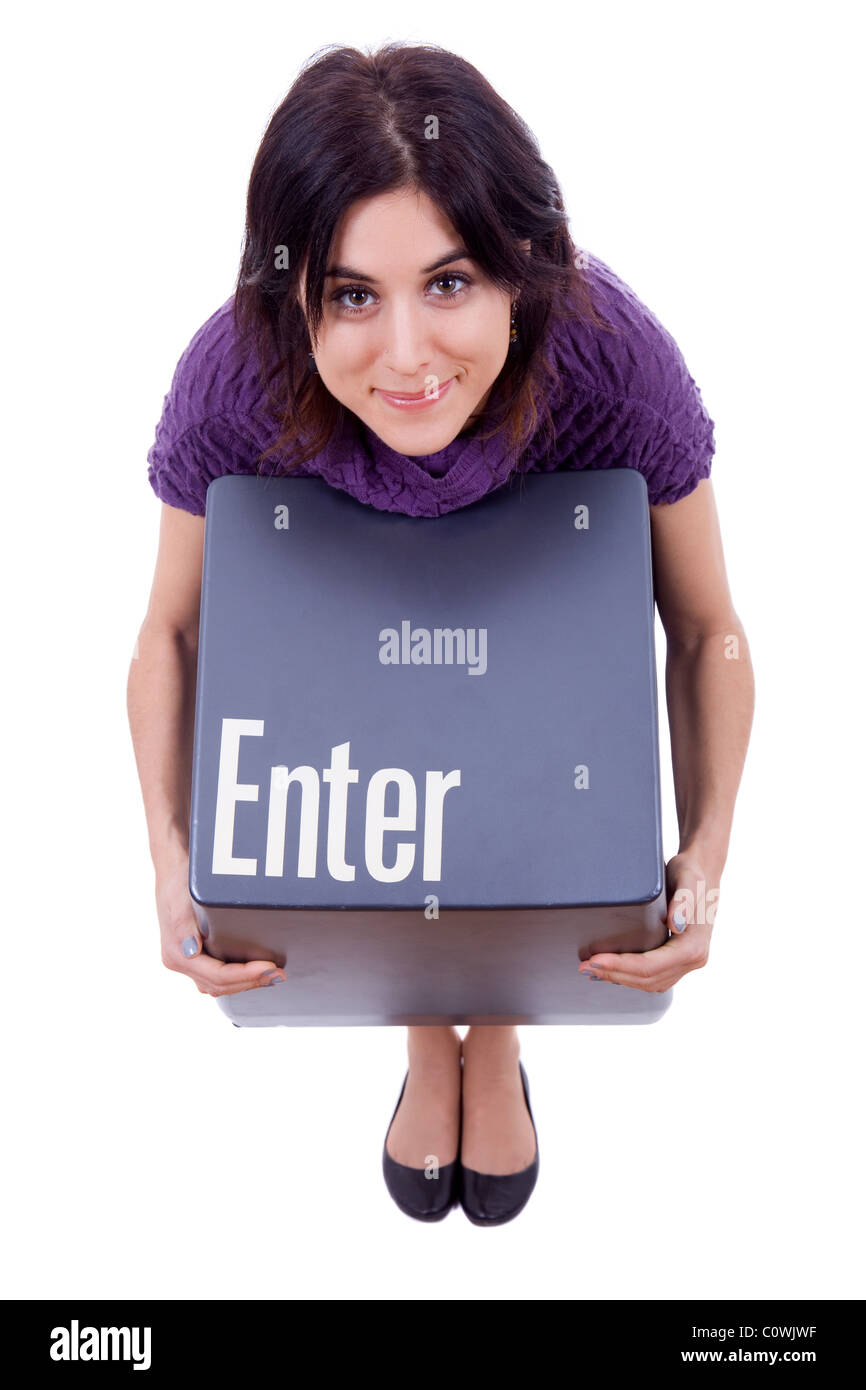 young beautiful woman with the enter key Stock Photo - Alamy