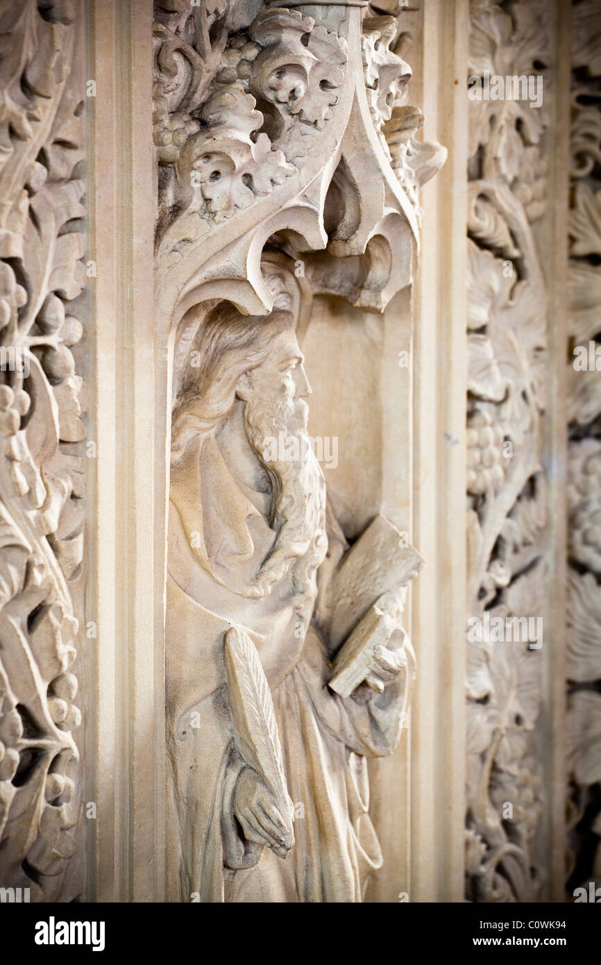 All Saints church, Holbeton, Devon, detail of saint on pulpit Stock ...