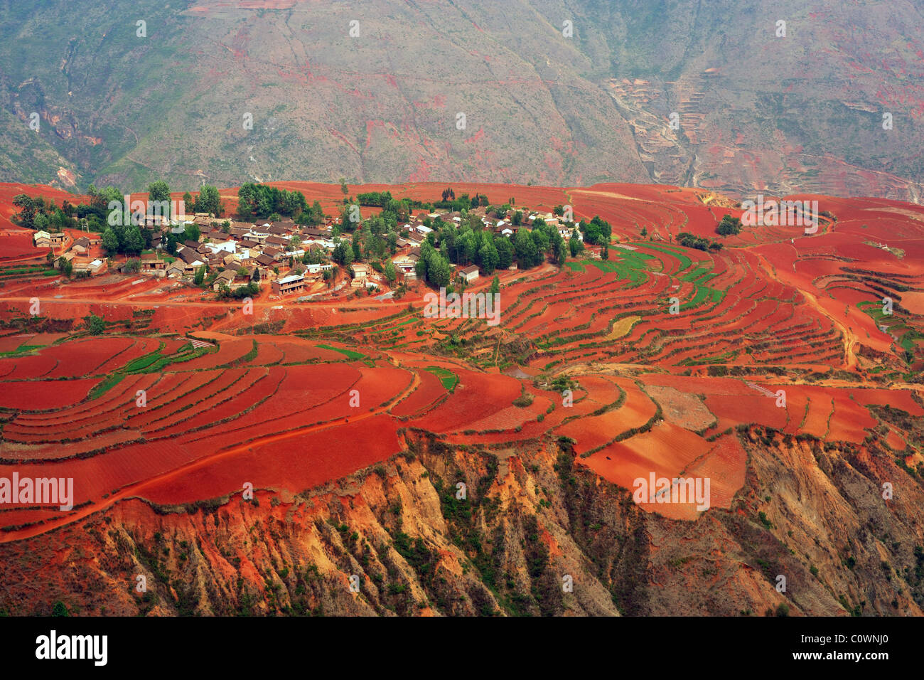 Village on the red field in Dongchuan district, Kunming city, Yunnan ...