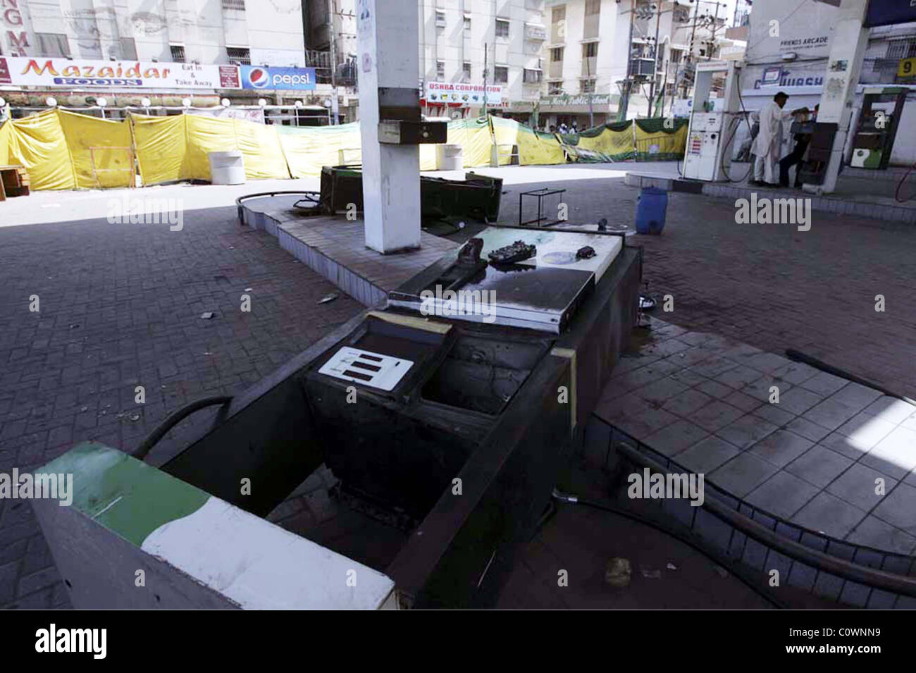 View of damaged fuel pump machines which were destroyed by angry ...