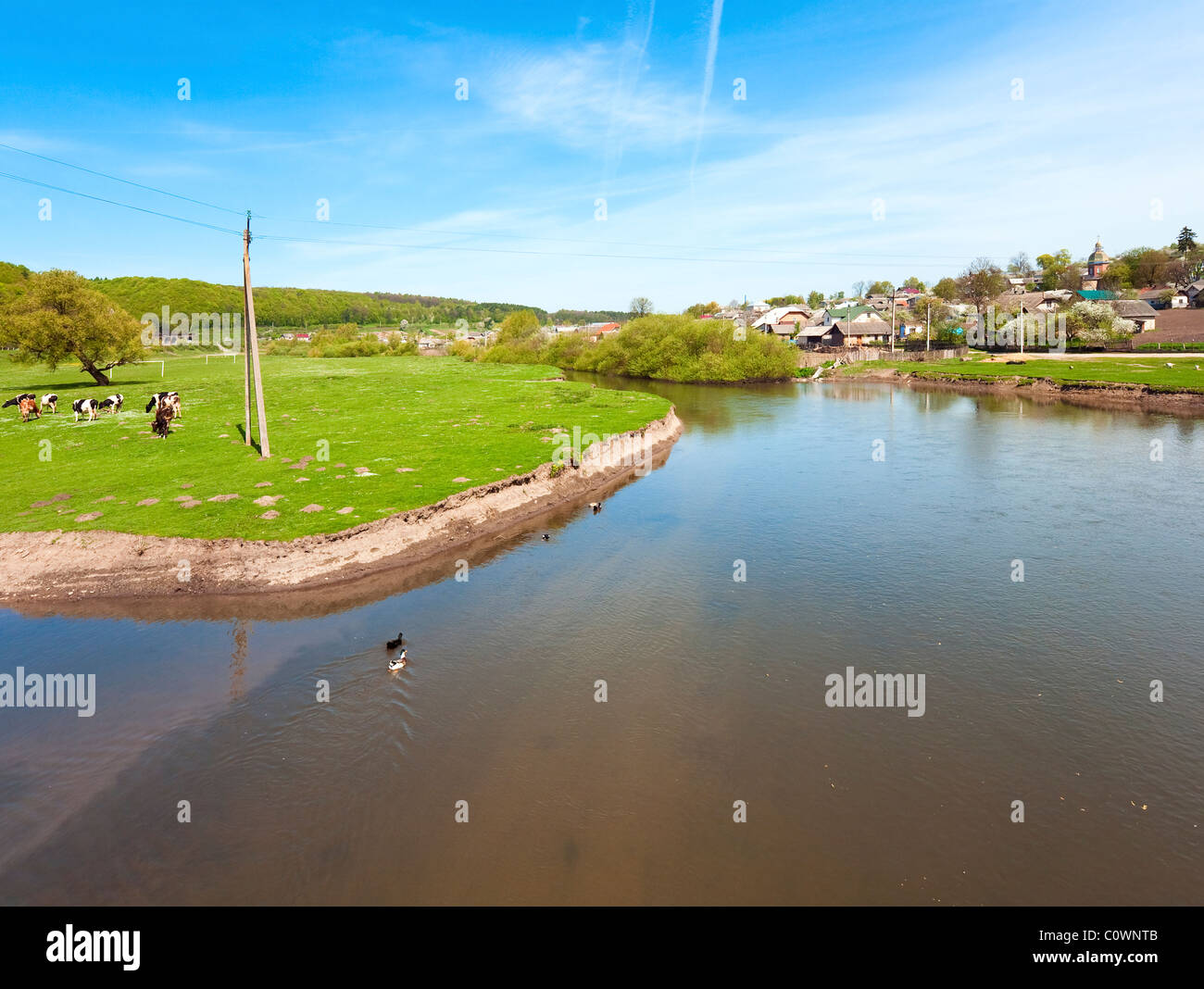 Spring country landscape with village and river ( Lviv Oblast, Ukraine ...