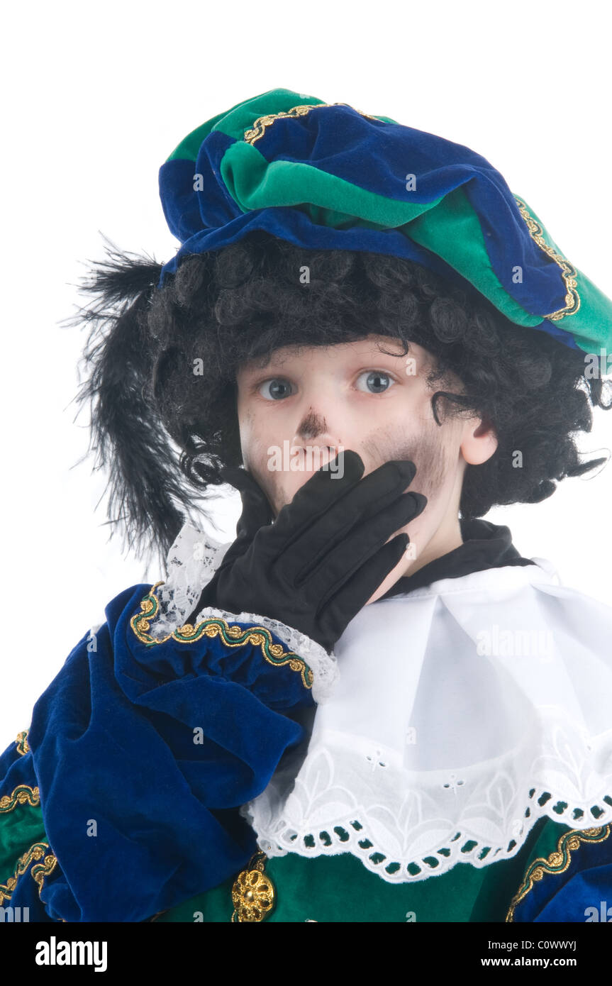 Young child playing Zwarte Piet (Black Pete), this is a Dutch tradition ...
