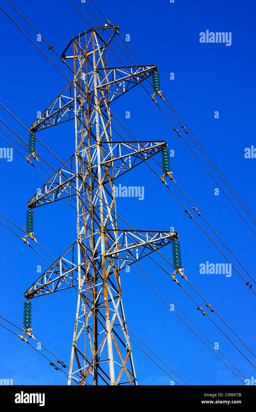High voltage power lines on a pole Stock Photo - Alamy