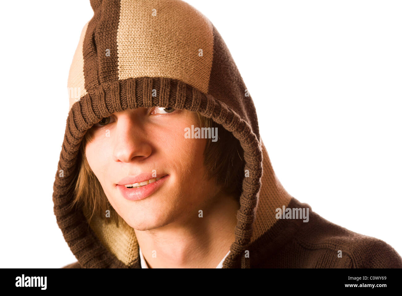 Young handsome man wearing hood isolated on white Stock Photo - Alamy