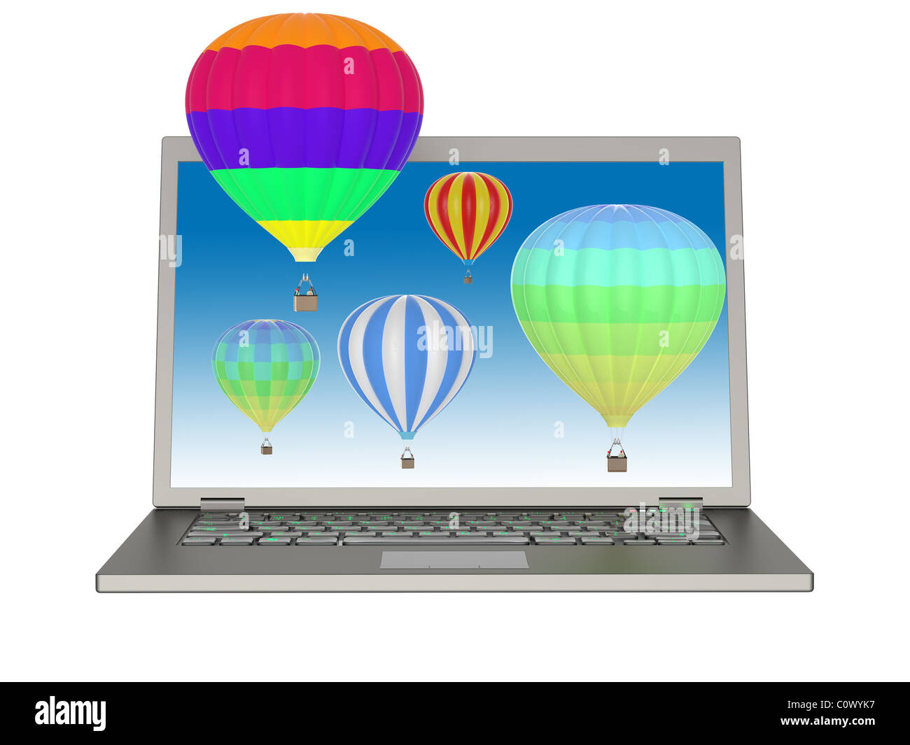 silver metal laptop with illuminated keyboard and balloons Stock Photo ...