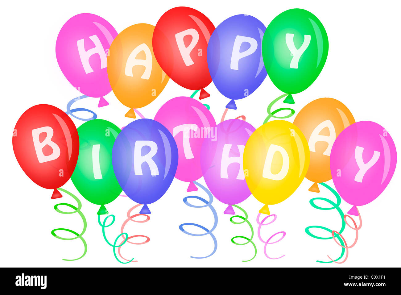 Happy Birthday Text on Colored Balloons Illustration Stock Photo - Alamy