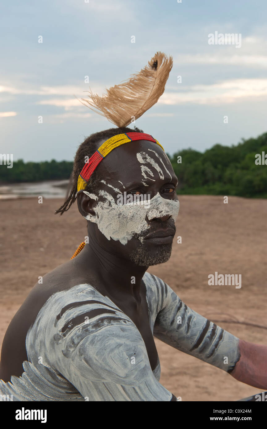 Portrait of a Karo man with body and facial paintings, Omo river valley ...