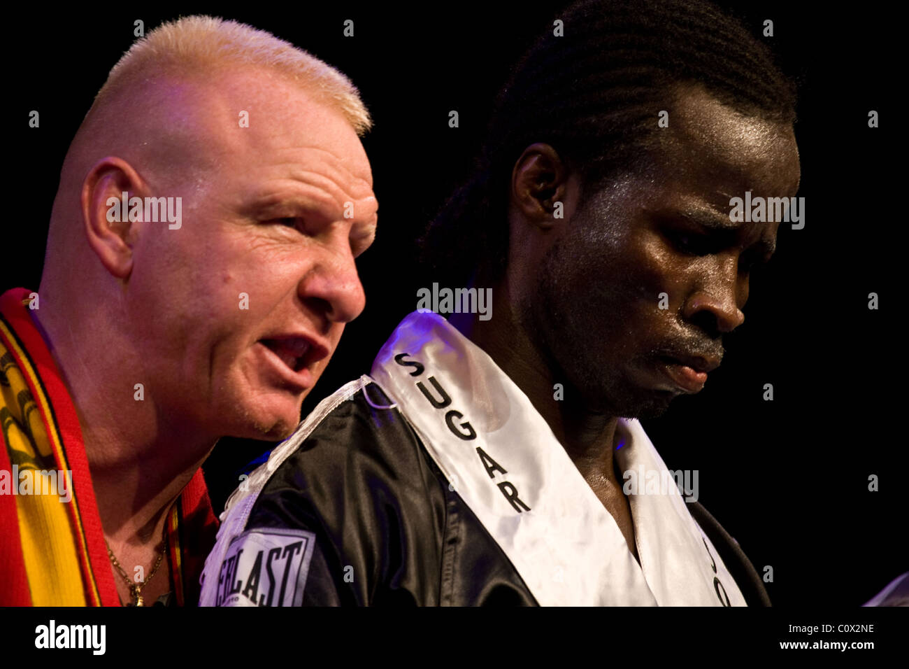 European boxing champion Sugar Jackson and his boxingtrainer right ...