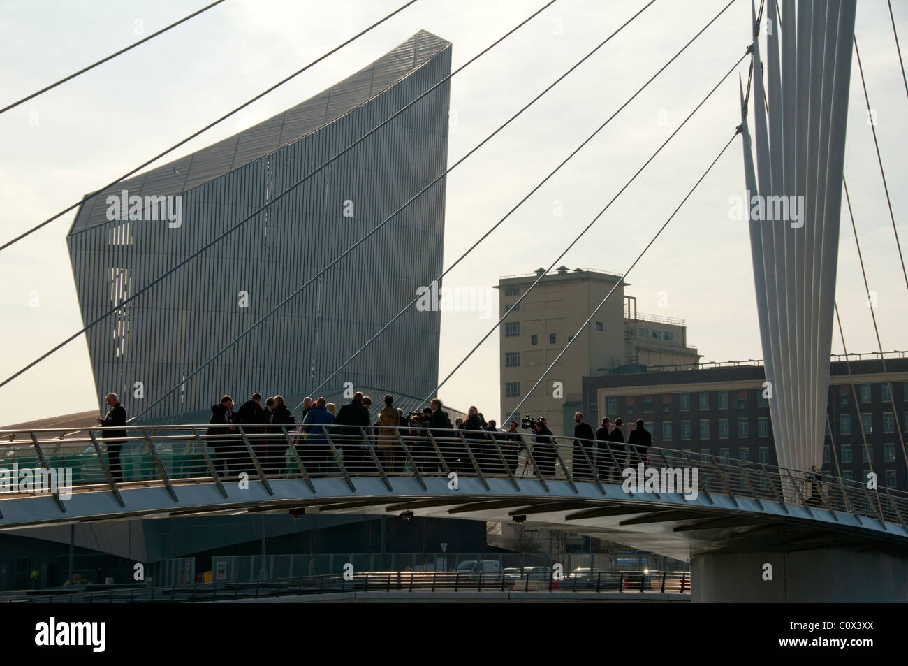 The MediaCityUK swing footbridge on the occasion of its official ...