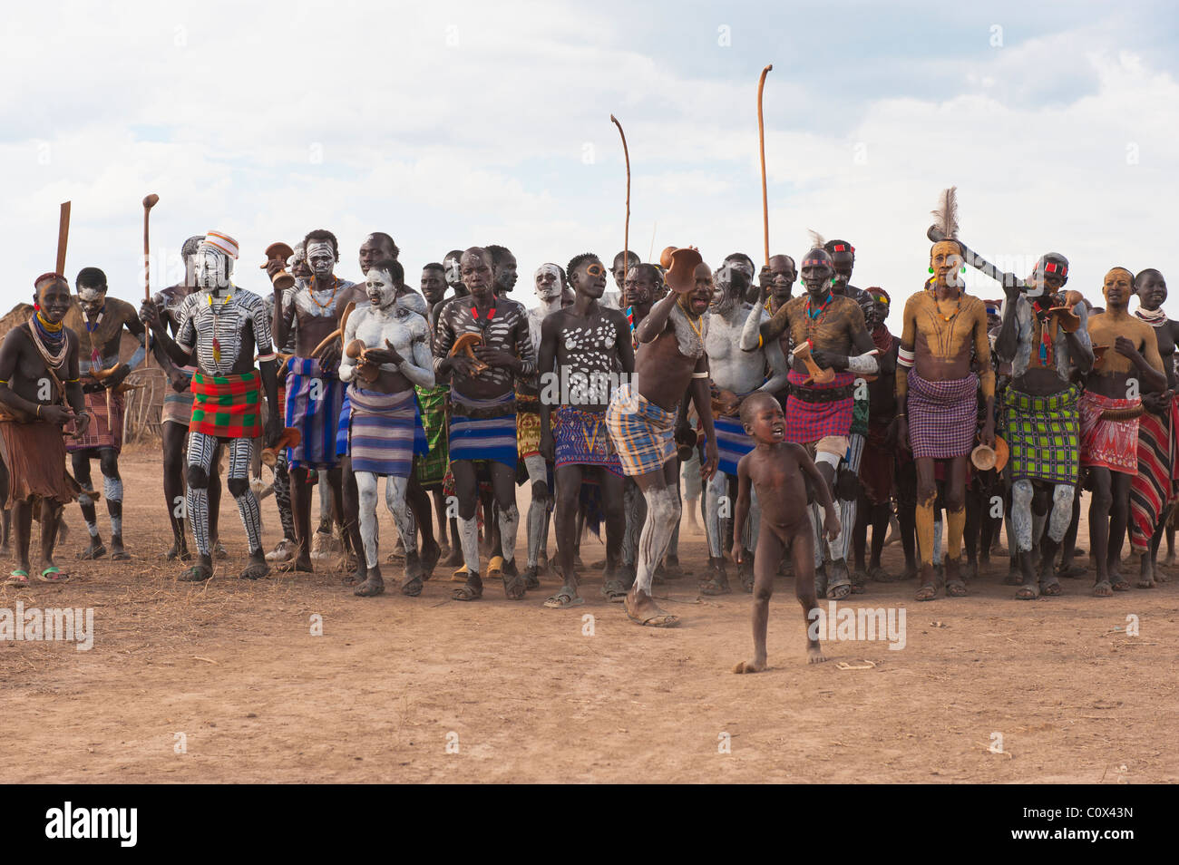 Karo people with body paintings participating in a tribal dance ...