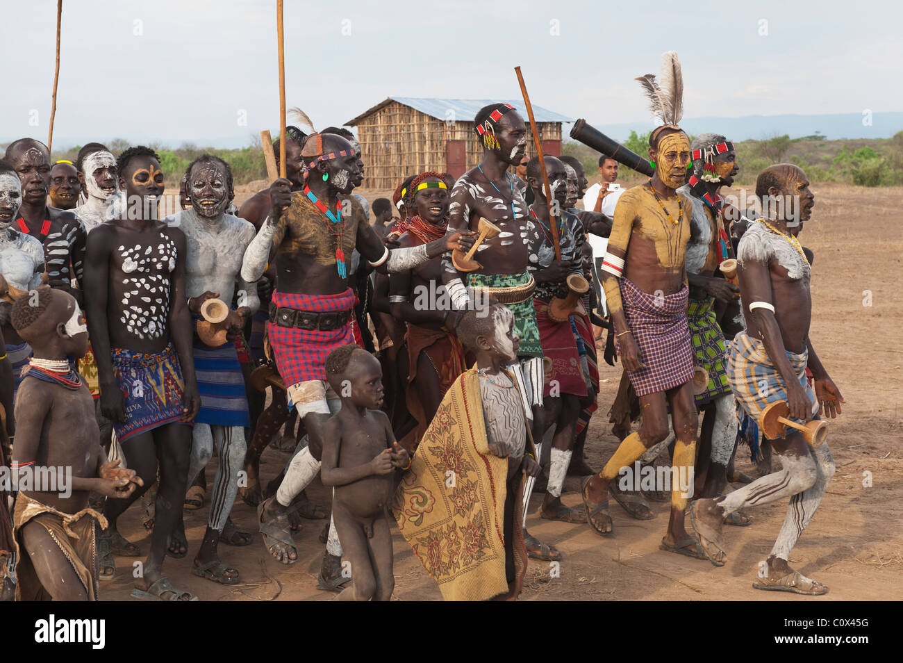 Karo people with body paintings participating in a tribal dance ...