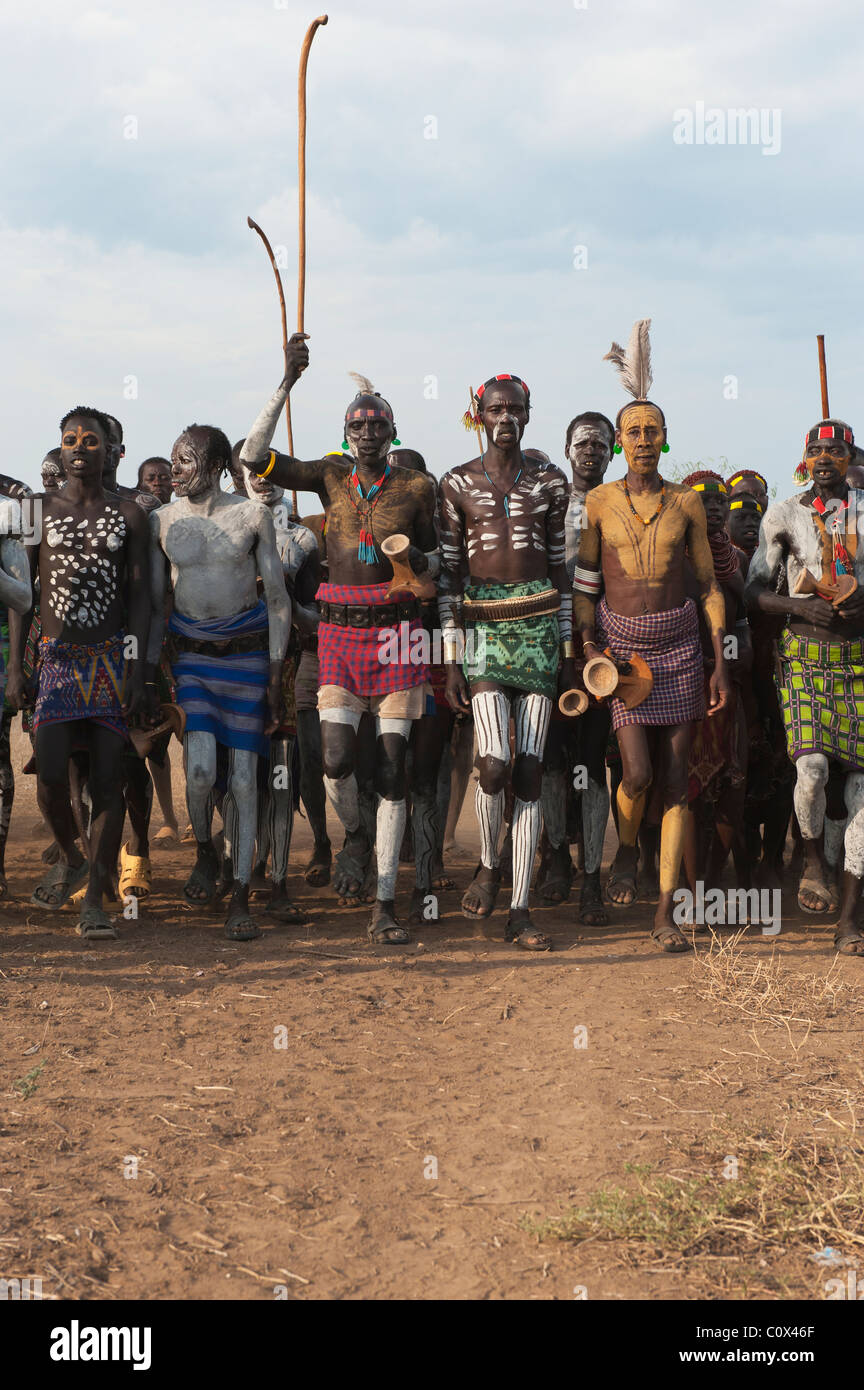 Karo people with body paintings participating in a tribal dance ...