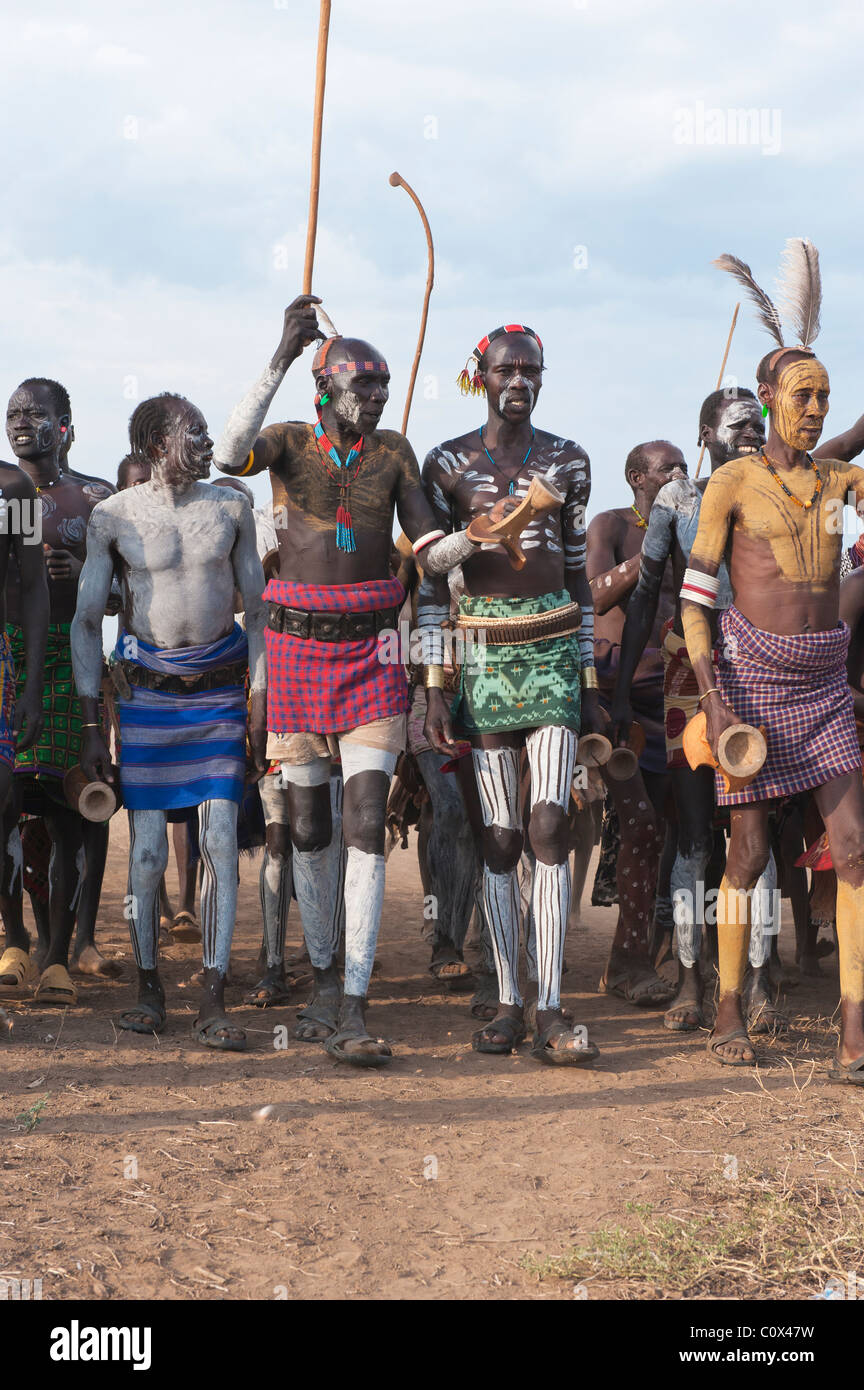 Karo people with body paintings participating in a tribal dance ...