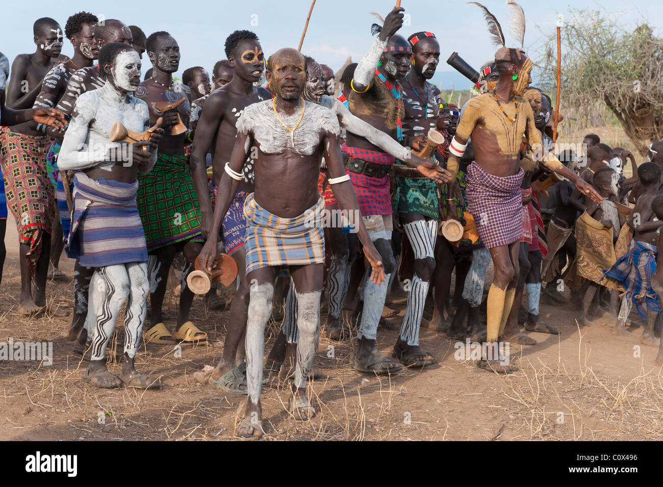 Karo people with body paintings participating in a tribal dance ...
