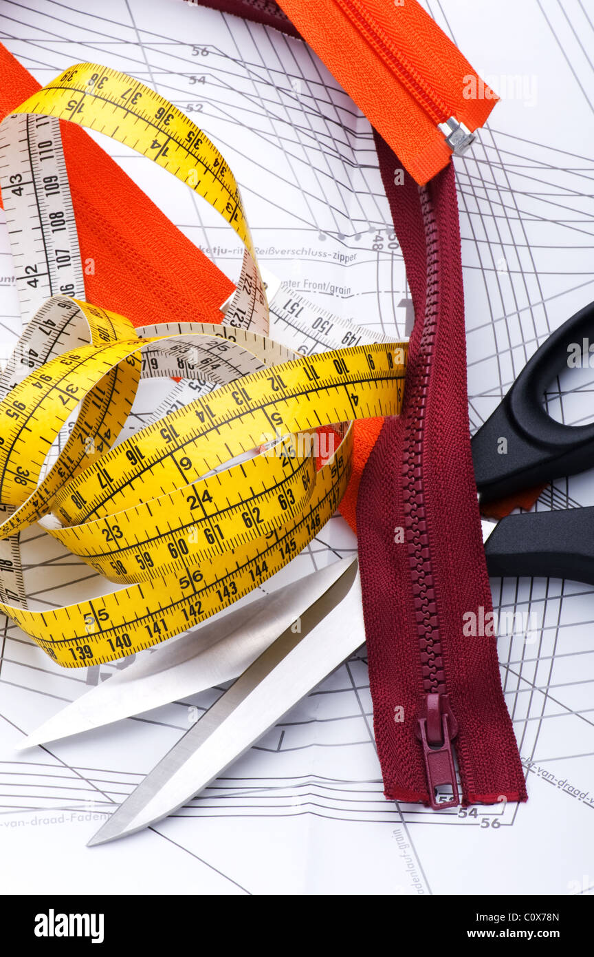 sewing pattern with sew instrument closeup Stock Photo - Alamy