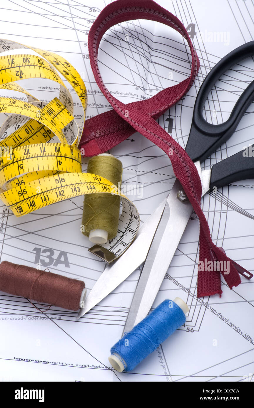 sewing pattern with sew instrument closeup Stock Photo - Alamy