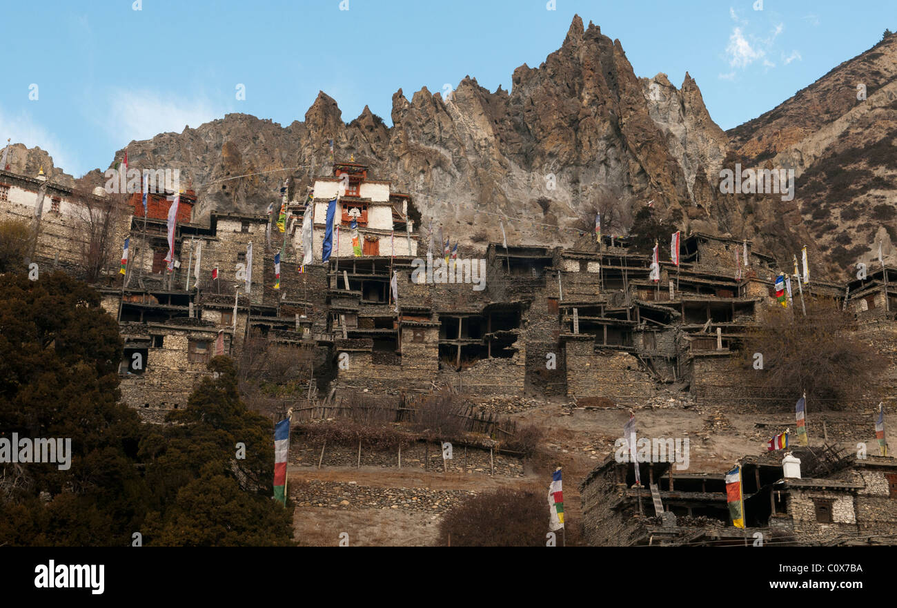 stone houses in the traditional Tibetan village of Braga in the Mustang ...