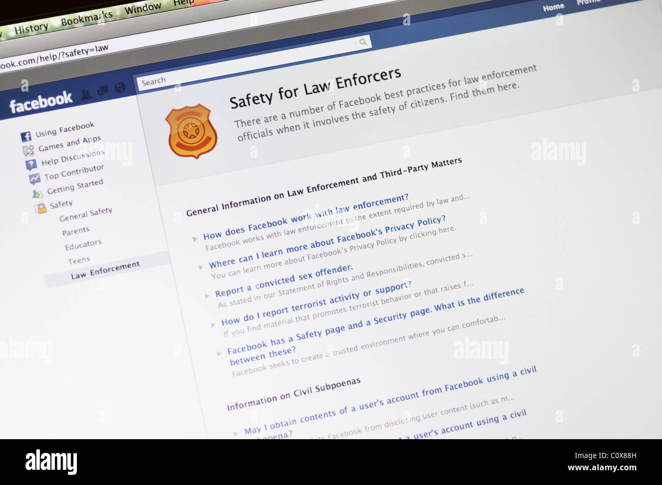 Facebook website - safety settings Stock Photo - Alamy