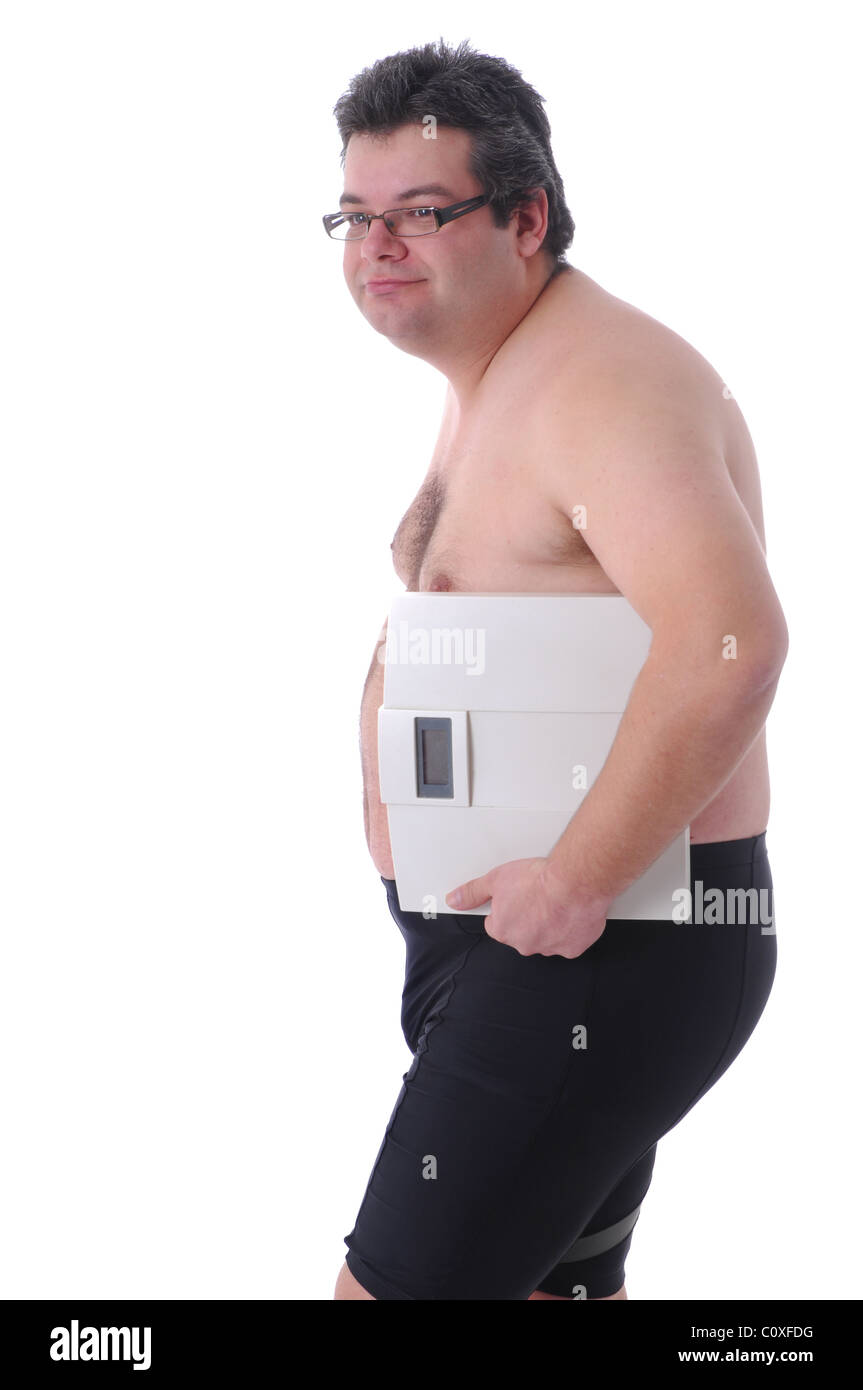 Fat man preparing to workout, with scale Stock Photo - Alamy