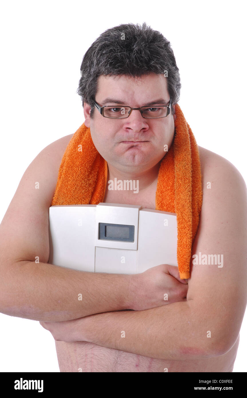 Fat man preparing to workout, mad with scale Stock Photo - Alamy