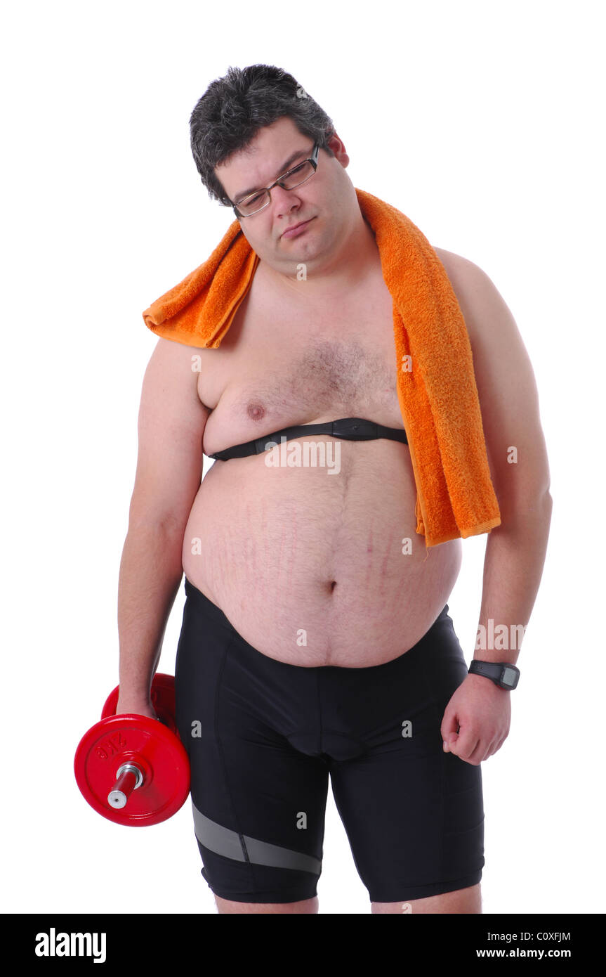 Fat man doing workout with dumbells, tired after traning Stock Photo ...