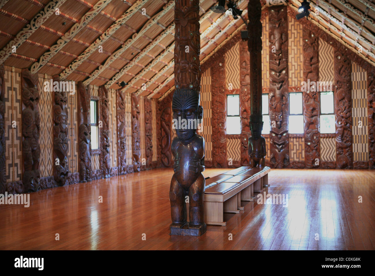 Maori meeting house in the Waitangi treaty grounds or park North Island ...